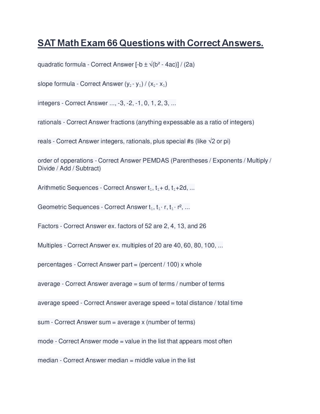 SAT Math Exam 66 Questions with Correct Answers. | Exams Mathematics ...