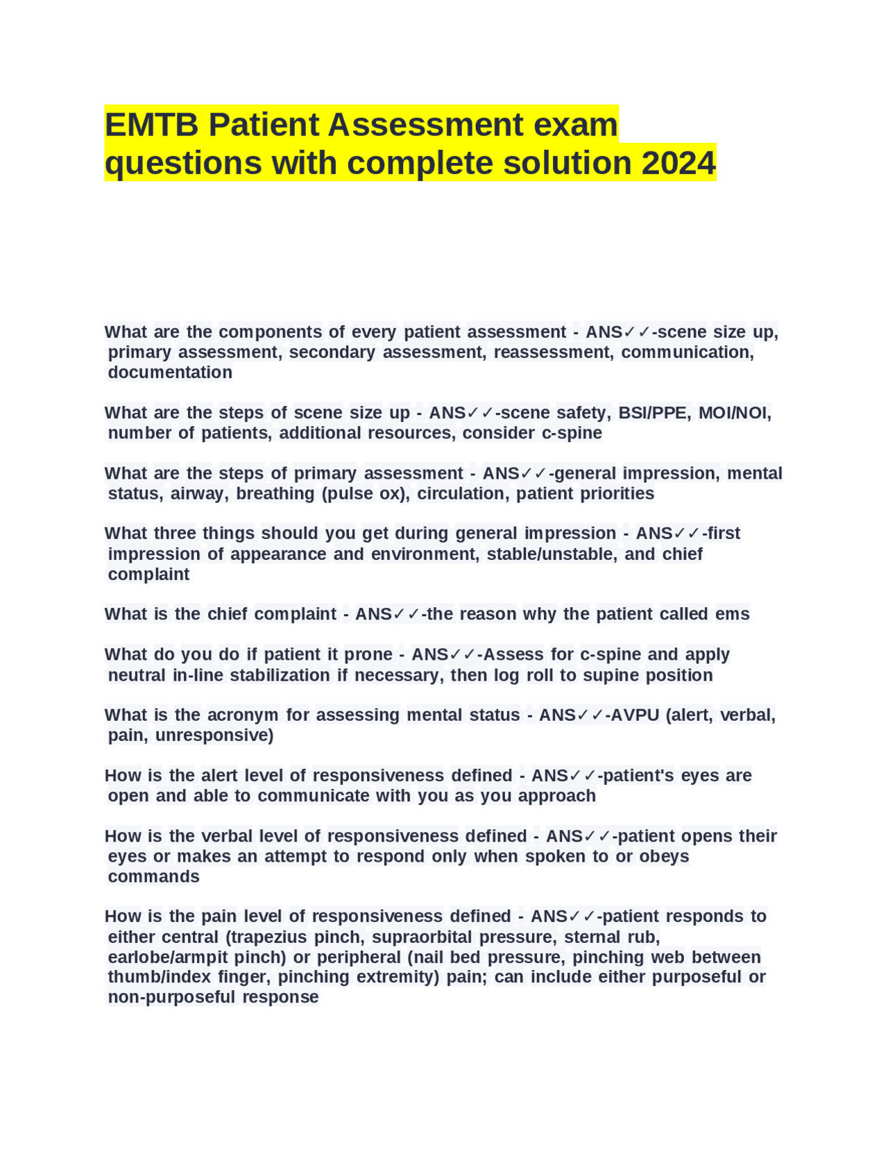 EMTB Patient Assessment Exam Questions and Answers | Exams Medical ...