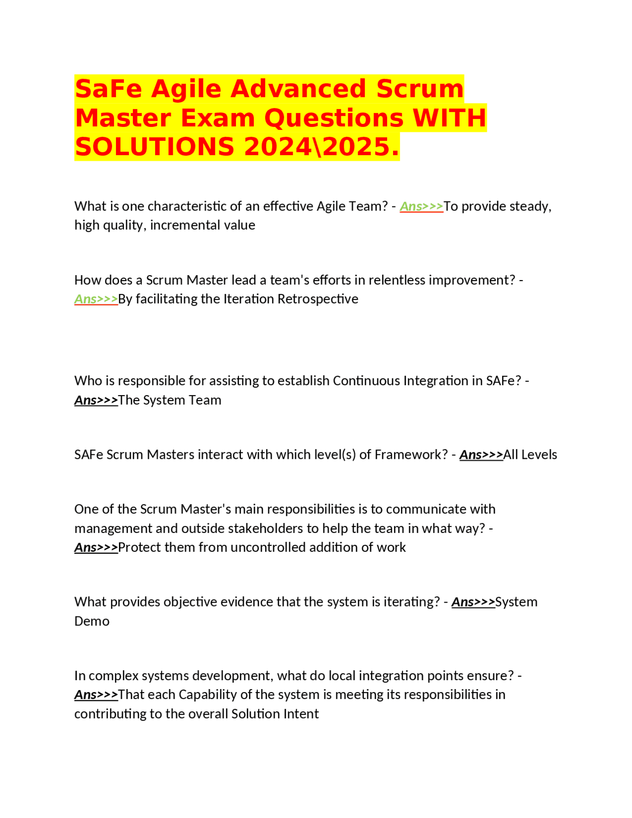 SaFe Agile Advanced Scrum Master Exam Questions WITH SOLUTIONS 2024 ...
