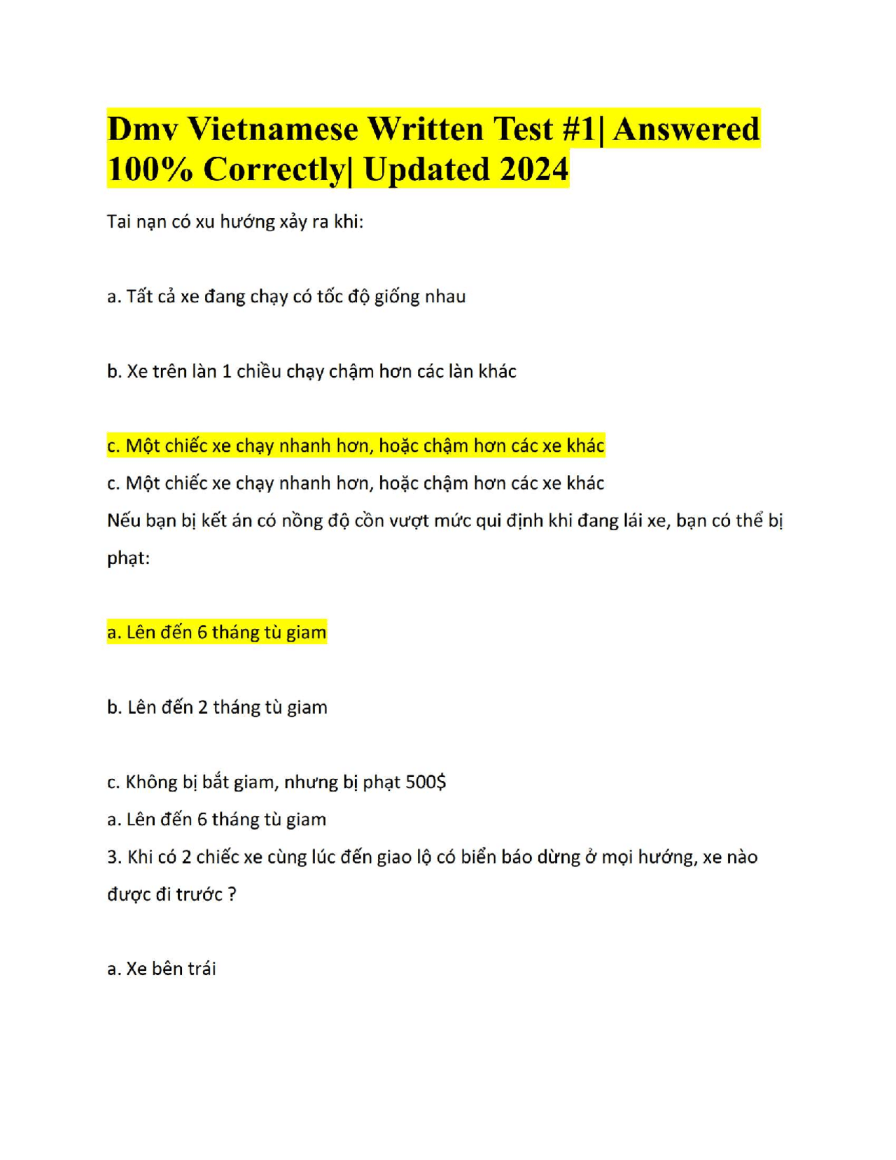 Dmv Vietnamese Written Test #1| Answered 100% Correctly| Updated 2024 ...