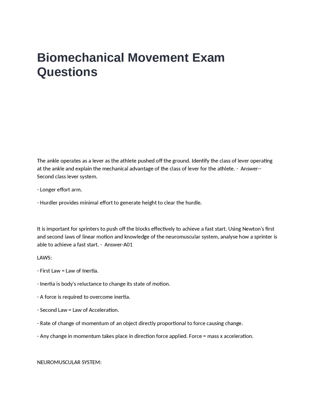 Biomechanical Movement Exam Questions and Answers | Exams Nursing | Docsity