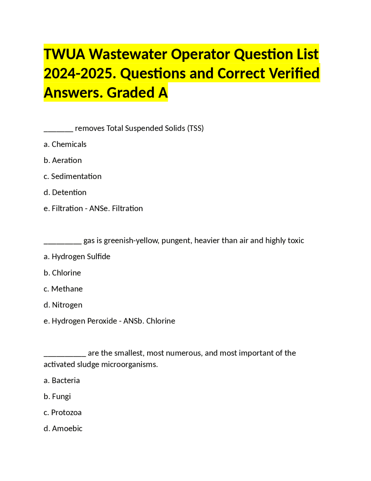 TWUA Wastewater Operator Question List 2024-2025. Questions and Correct ...