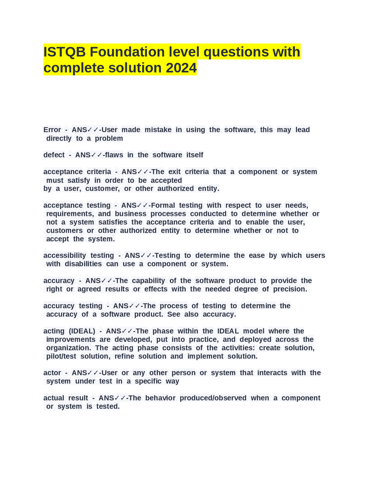 ISTQB Foundation level questions with complete solution 2024. | Exams Software Engineering | Docsity