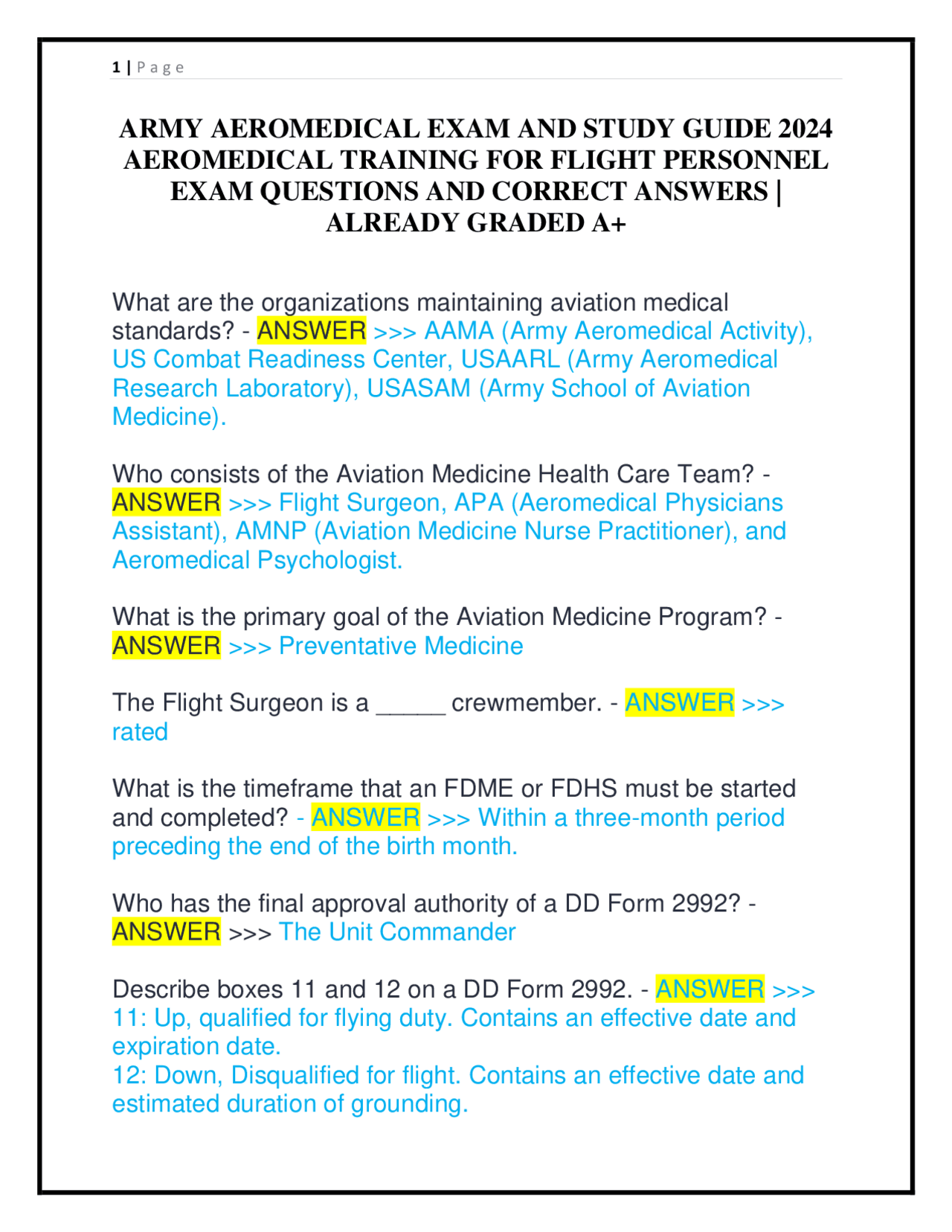 ARMY AEROMEDICAL EXAM AND STUDY GUIDE 2024 AEROMEDICAL TRAINING FOR FLIGHT PERSONNEL | Exams ...