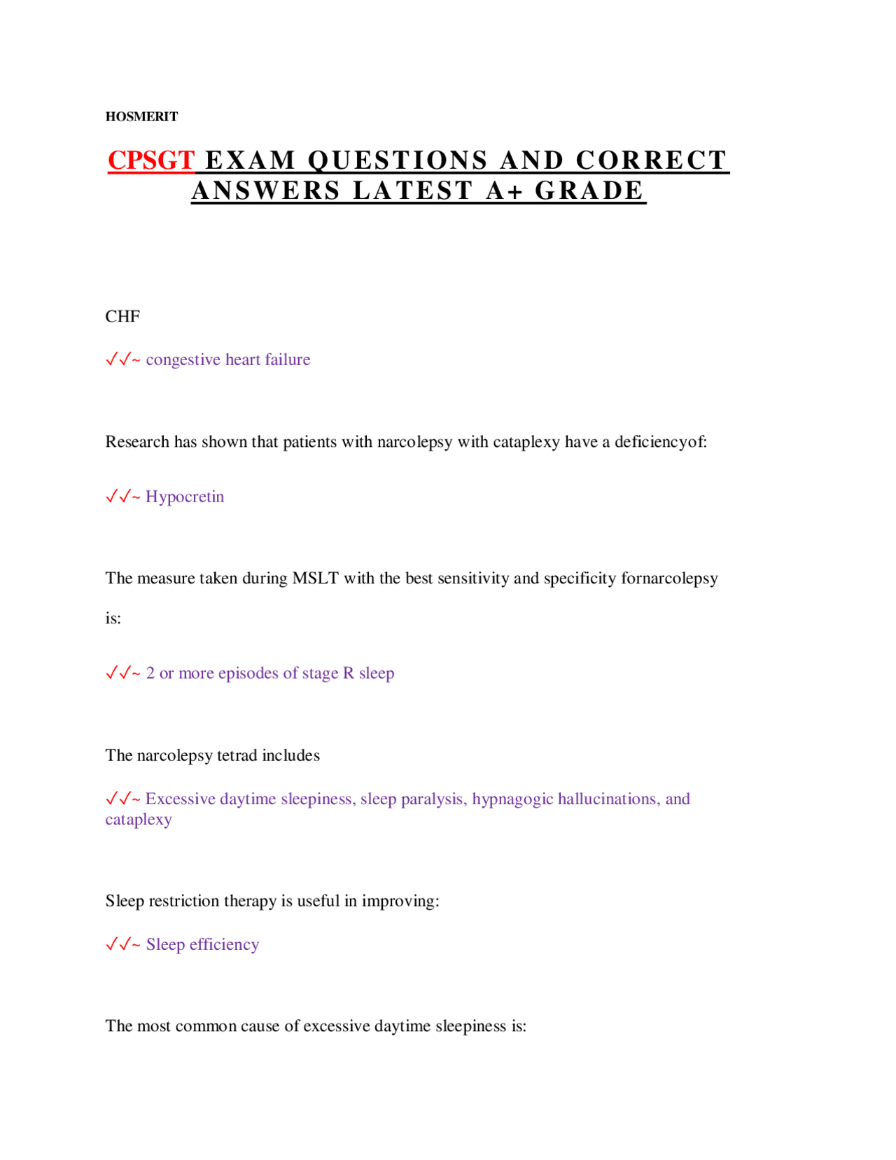 CPSGT Exam Questions and Answers: Sleep Disorders | Exams Nursing | Docsity