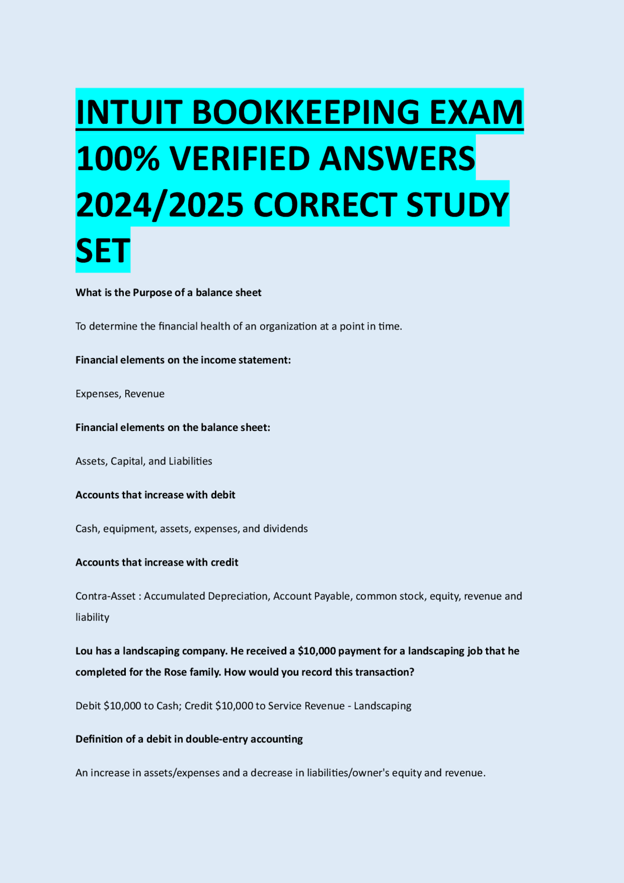 INTUIT BOOKKEEPING EXAM 100% VERIFIED ANSWERS 2024/2025 CORRECT STUDY ...