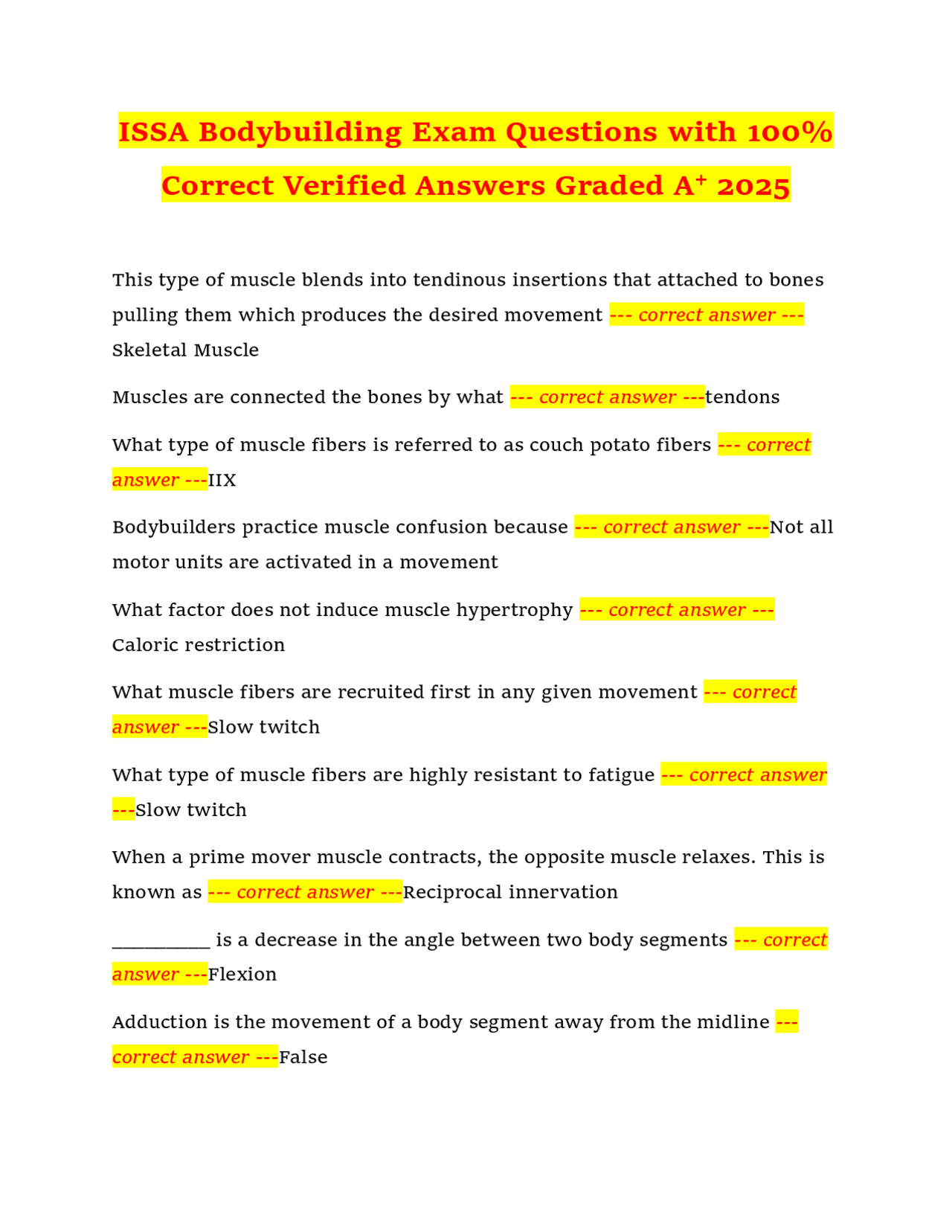 ISSA Bodybuilding Exam Questions with 100% Correct Verified Answers ...