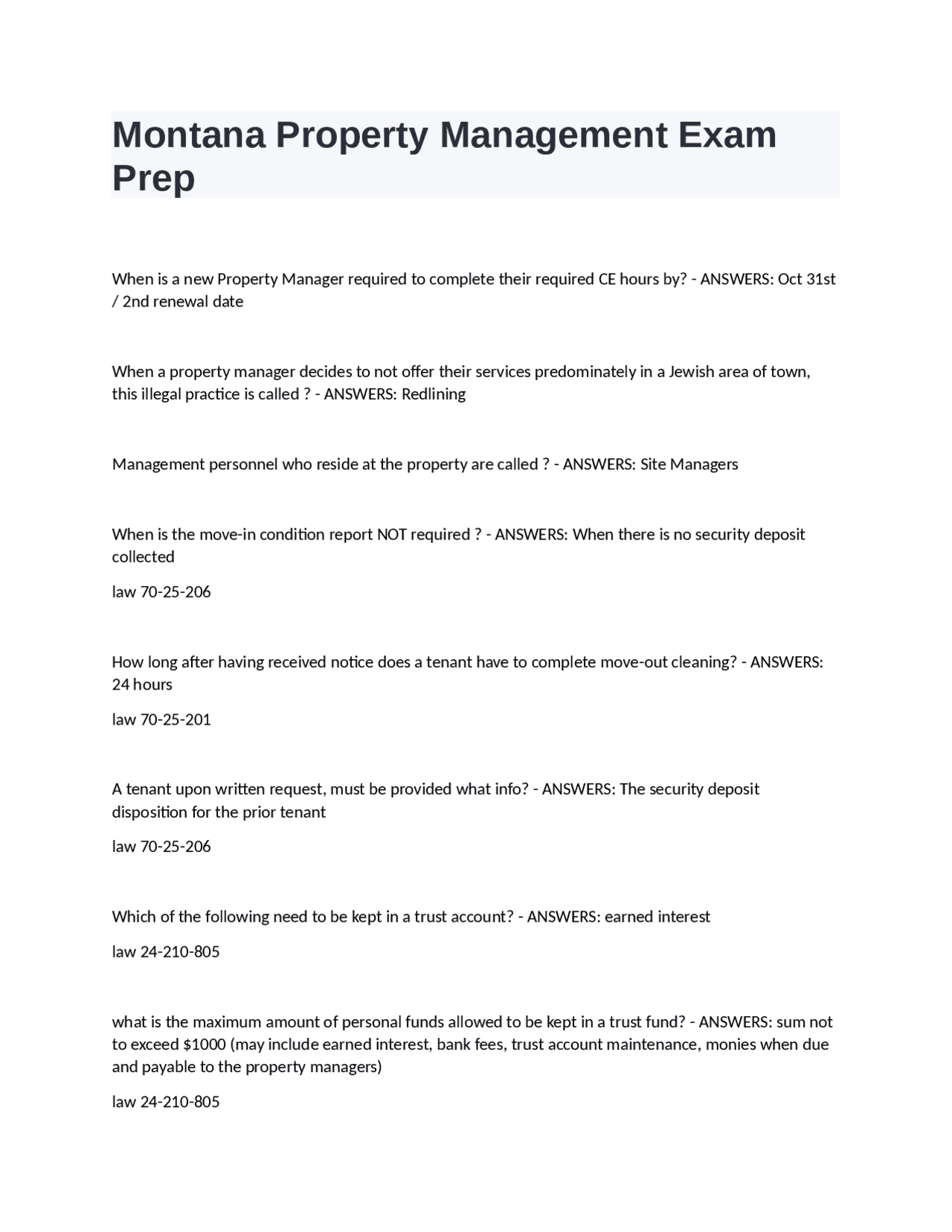 Montana Property Management Exam Prep questions with answers | Exams ...