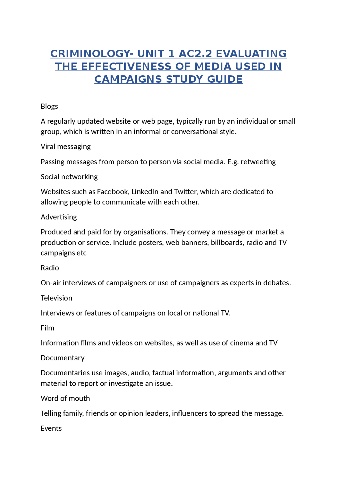 CRIMINOLOGY- UNIT 1 AC2.2 EVALUATING THE EFFECTIVENESS OF MEDIA USED IN ...