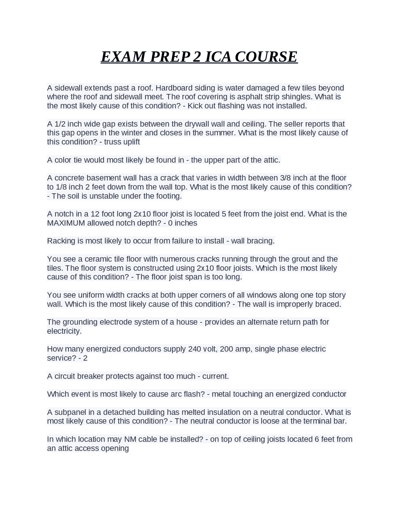 EXAM PREP 2 ICA COURSE EXAM | Exams Advanced Education | Docsity