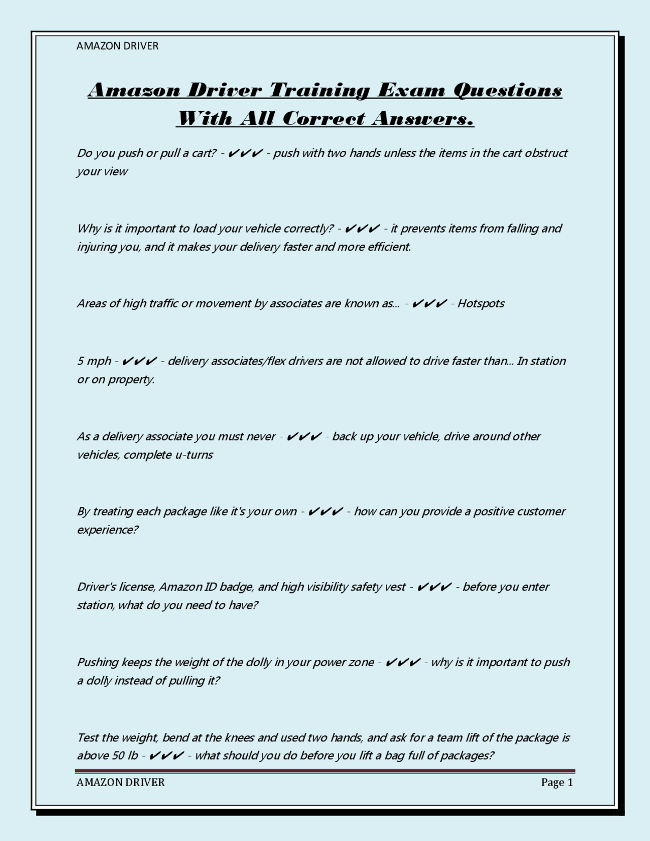 Amazon Driver Training Exam Questions With All Correct Answers. | Exams ...