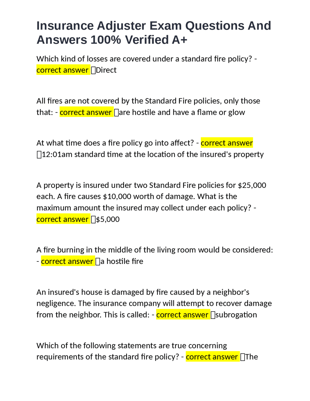 Insurance Adjuster Exam Questions And Answers 100% Verified A+ | Exams ...