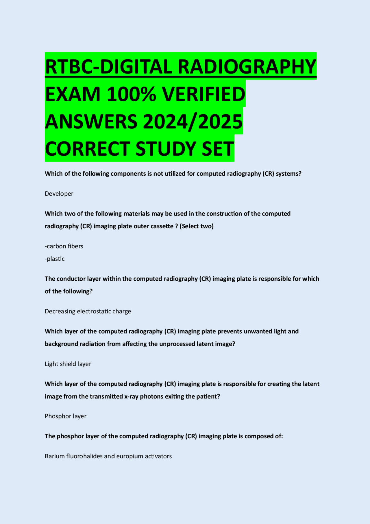 RTBC-DIGITAL RADIOGRAPHY EXAM 100% VERIFIED ANSWERS 2024/2025 CORRECT ...