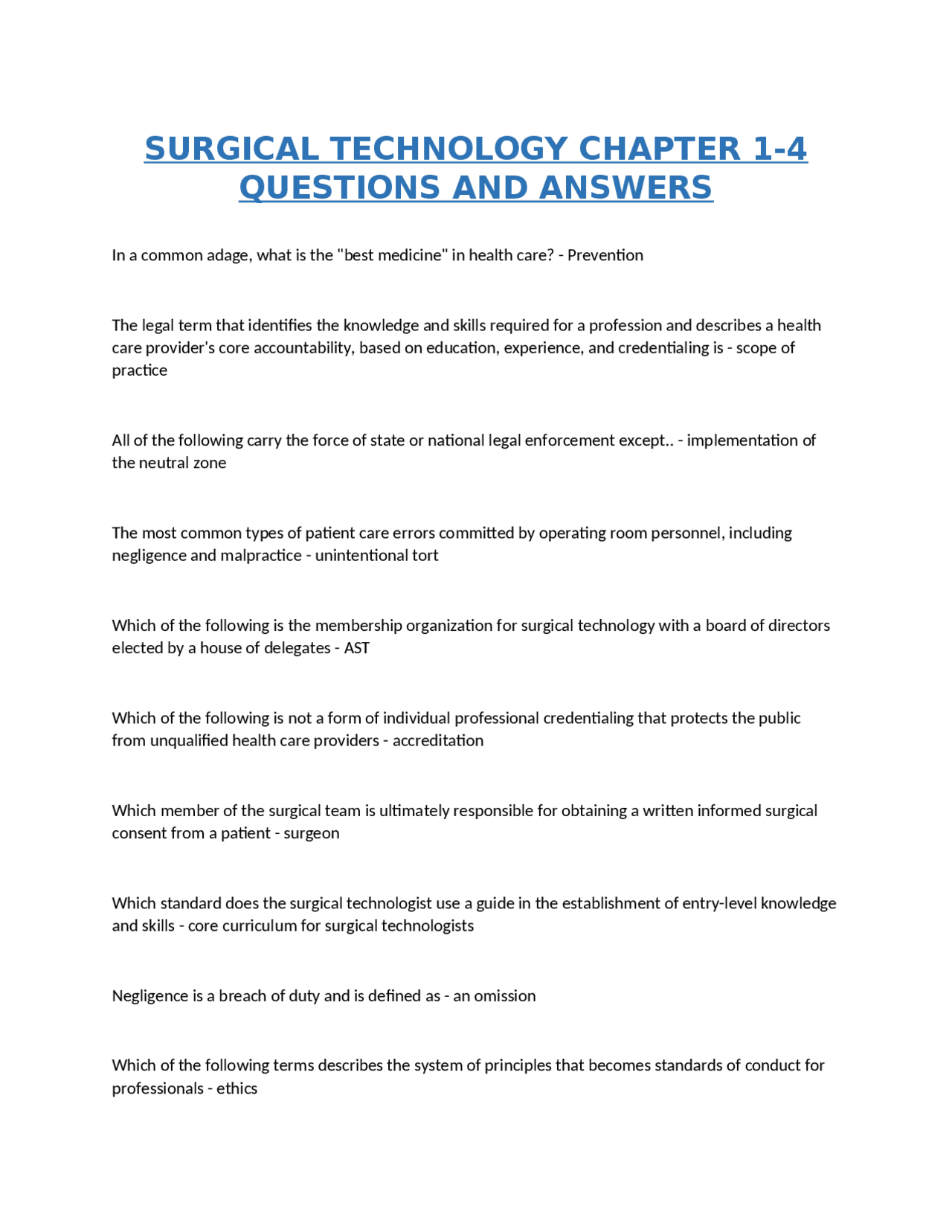 SURGICAL TECHNOLOGY CHAPTER 1-4 QUESTIONS AND ANSWERS | Exams Advanced ...