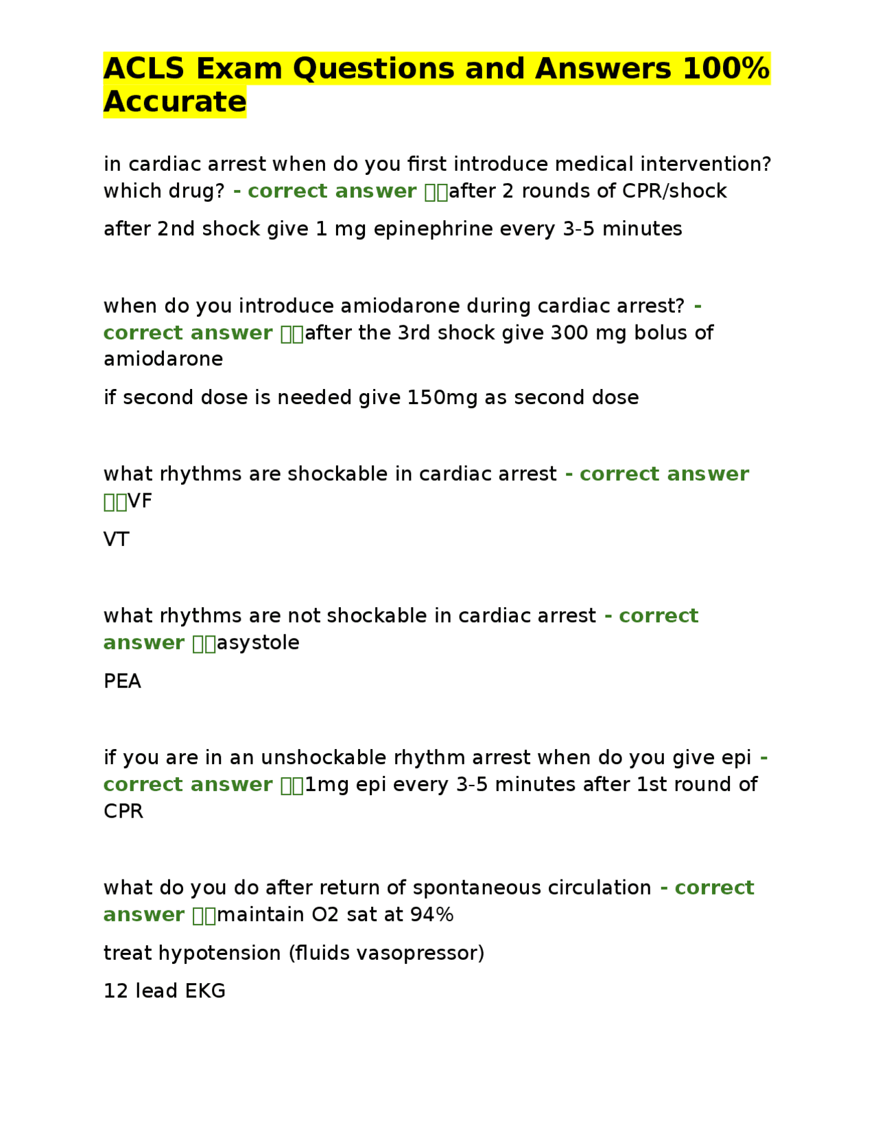 ACLS Exam Questions and Answers 100% Accurate | Exams Nursing | Docsity