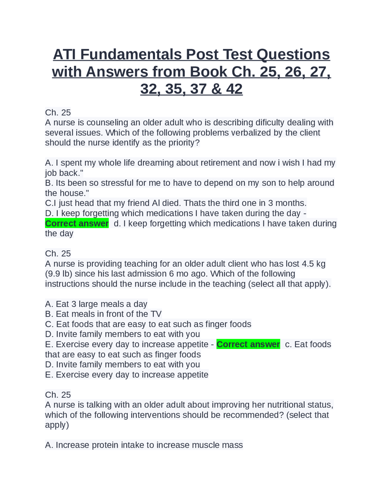ATI Fundamentals Post Test Questions with Answers from Book Ch. 25, 26 ...