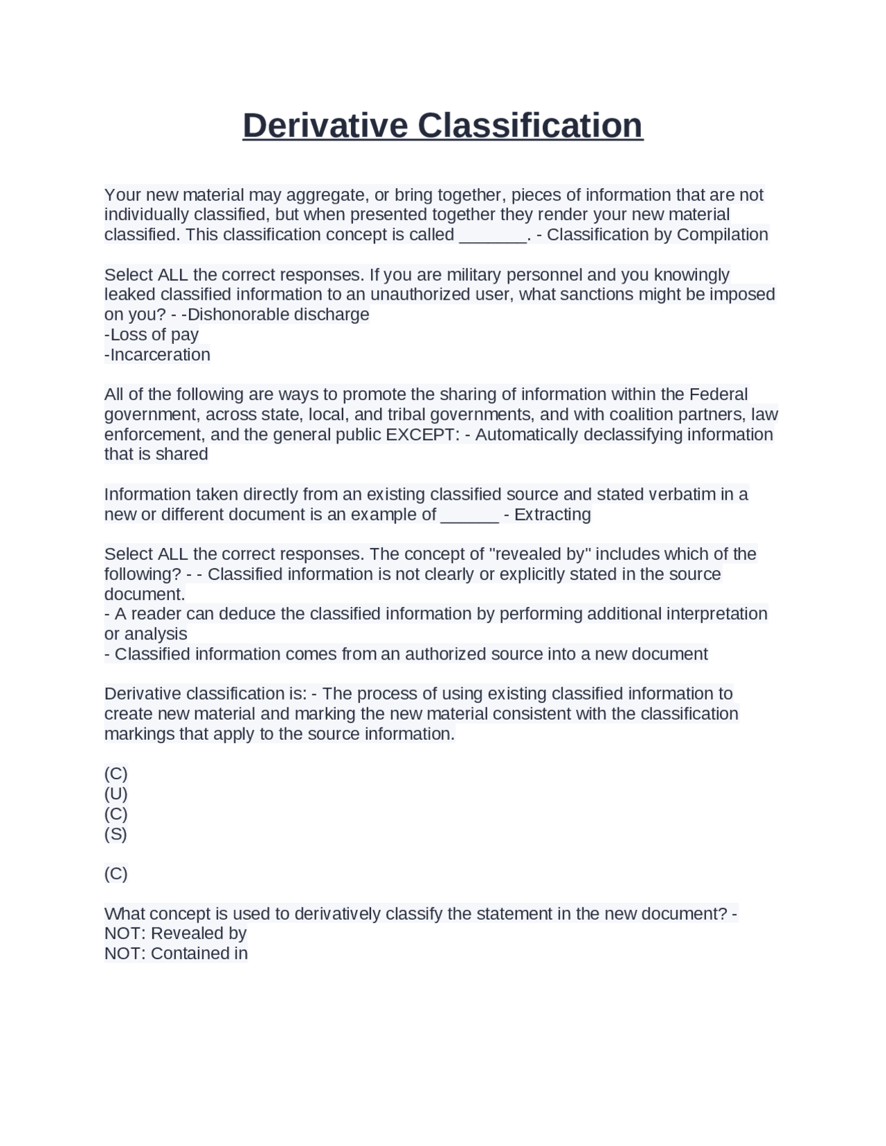 Derivative Classification | Exams Advanced Education | Docsity