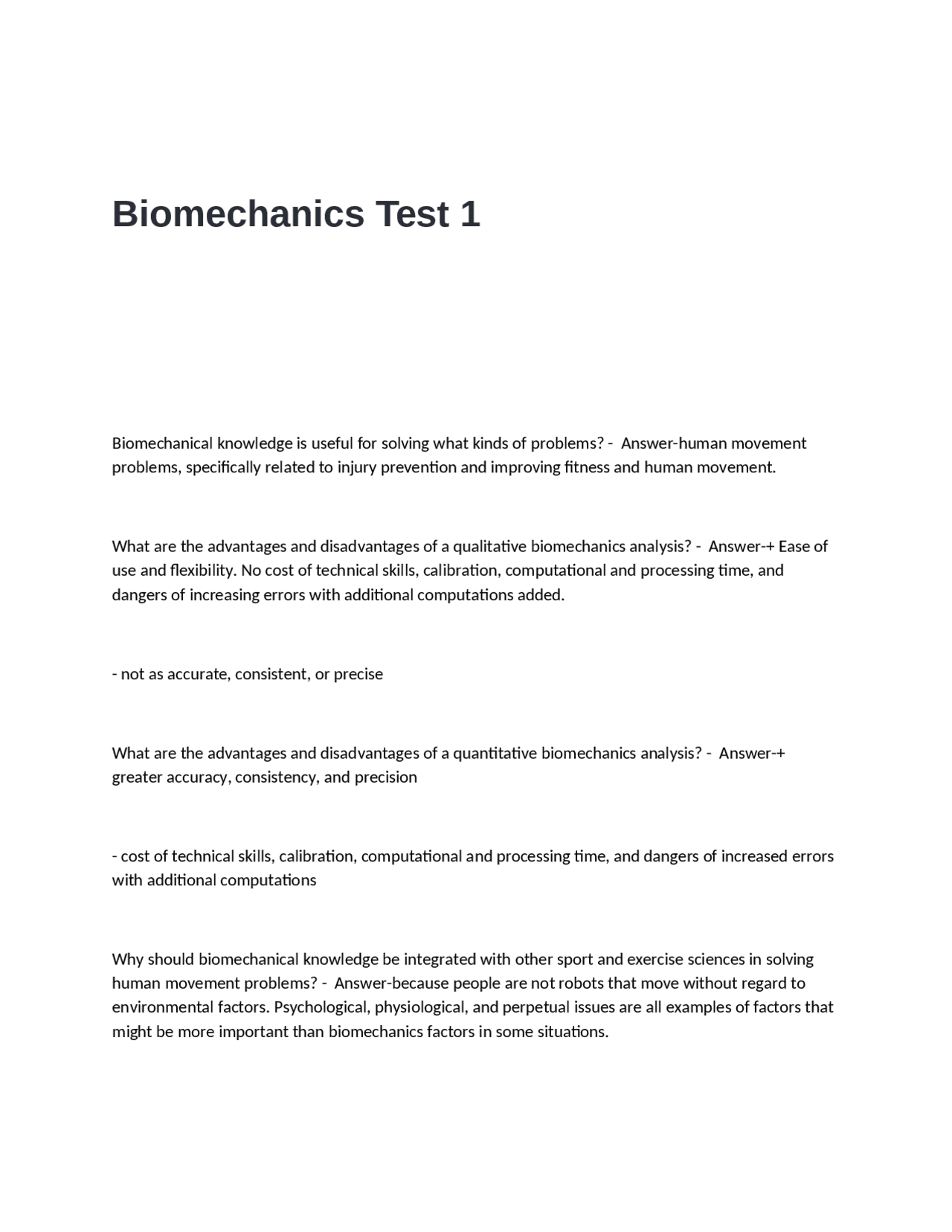 Biomechanics Test 1 Questions with Complete and Correct Answers | Exams ...