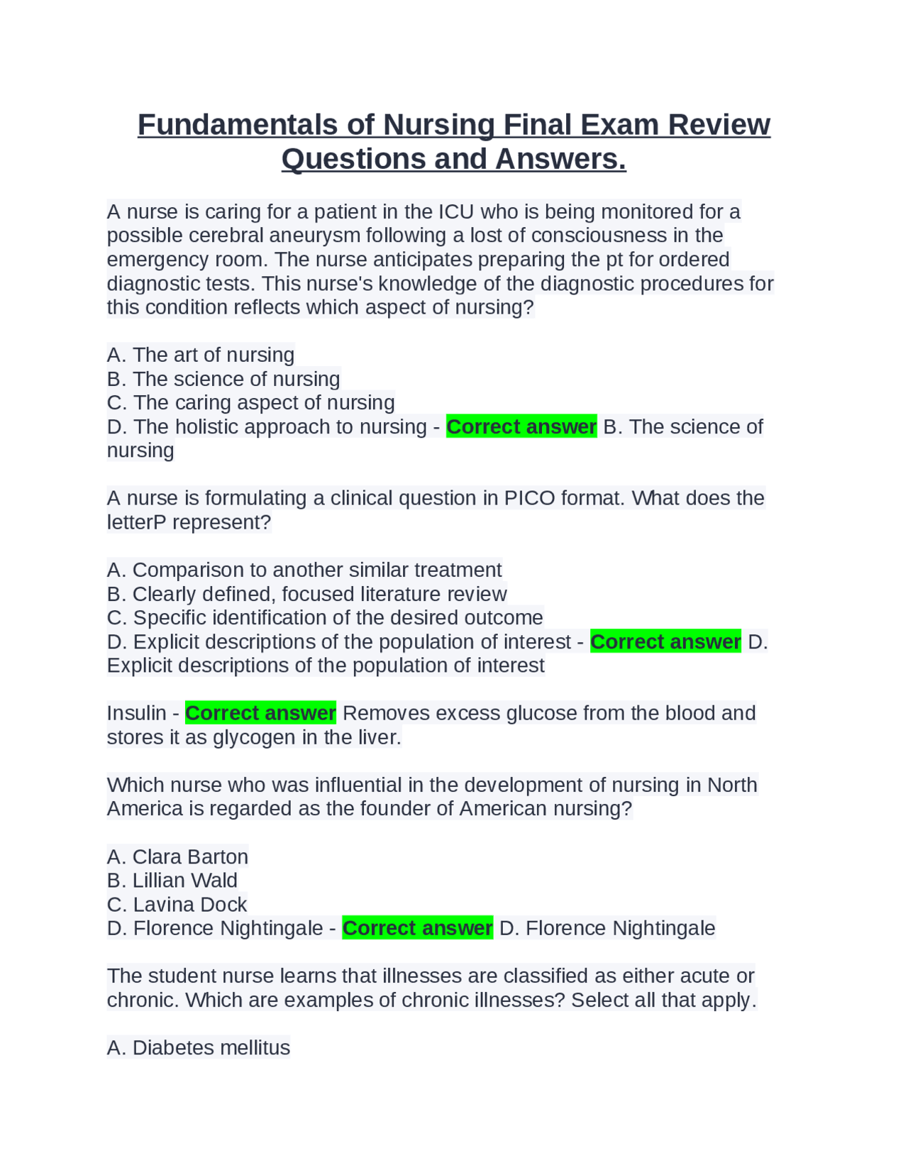 Fundamentals of Nursing Final Exam Review Questions and Answers ...