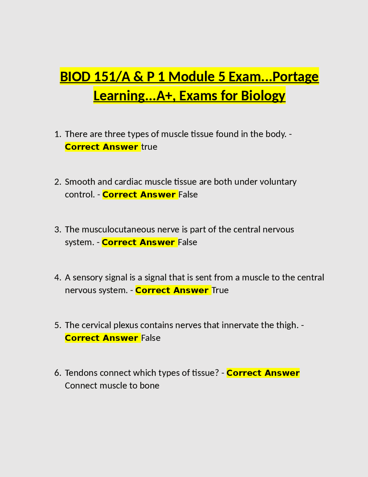 BIOD 151/A & P 1 Module 5 Exam...Portage Learning...A+, Exams for ...