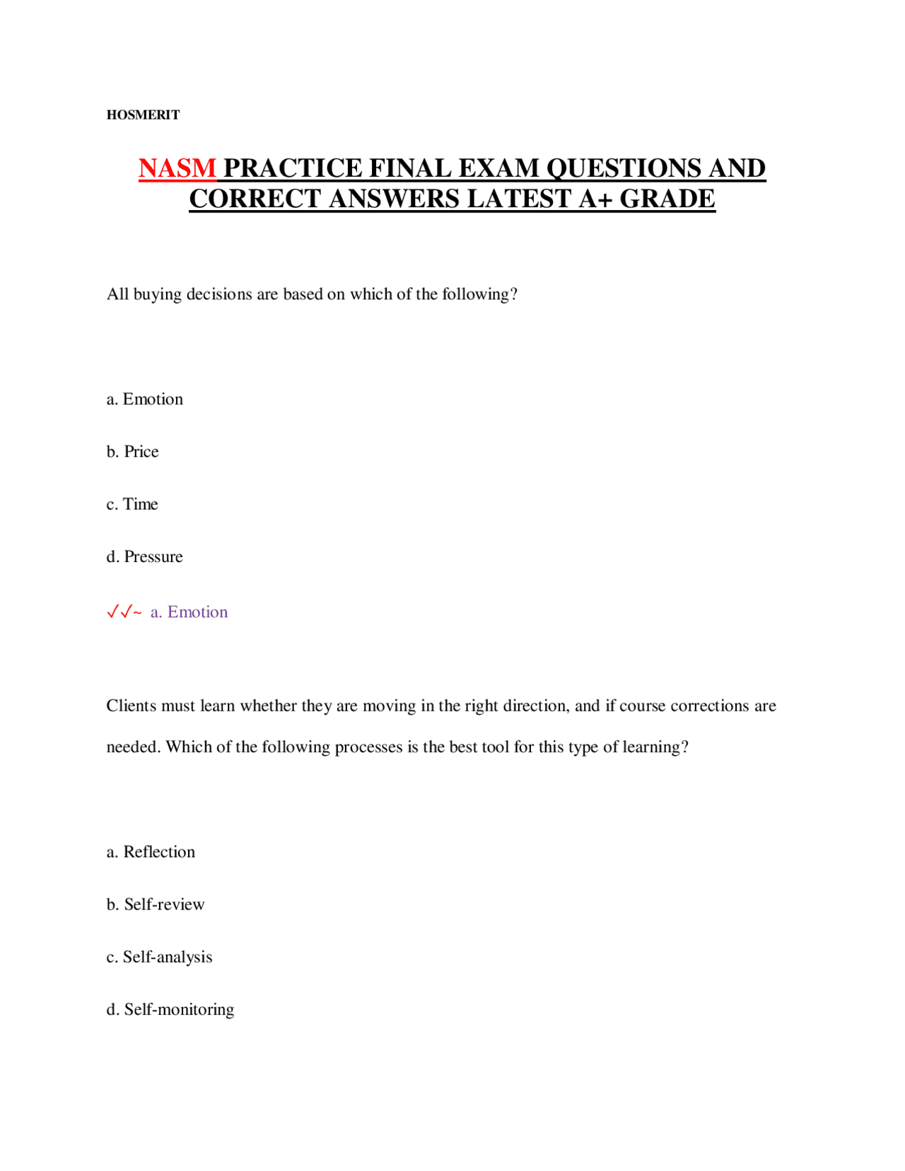 NASM PRACTICE FINAL EXAM QUESTIONS AND CORRECT ANSWERS LATEST A+ GRADE ...