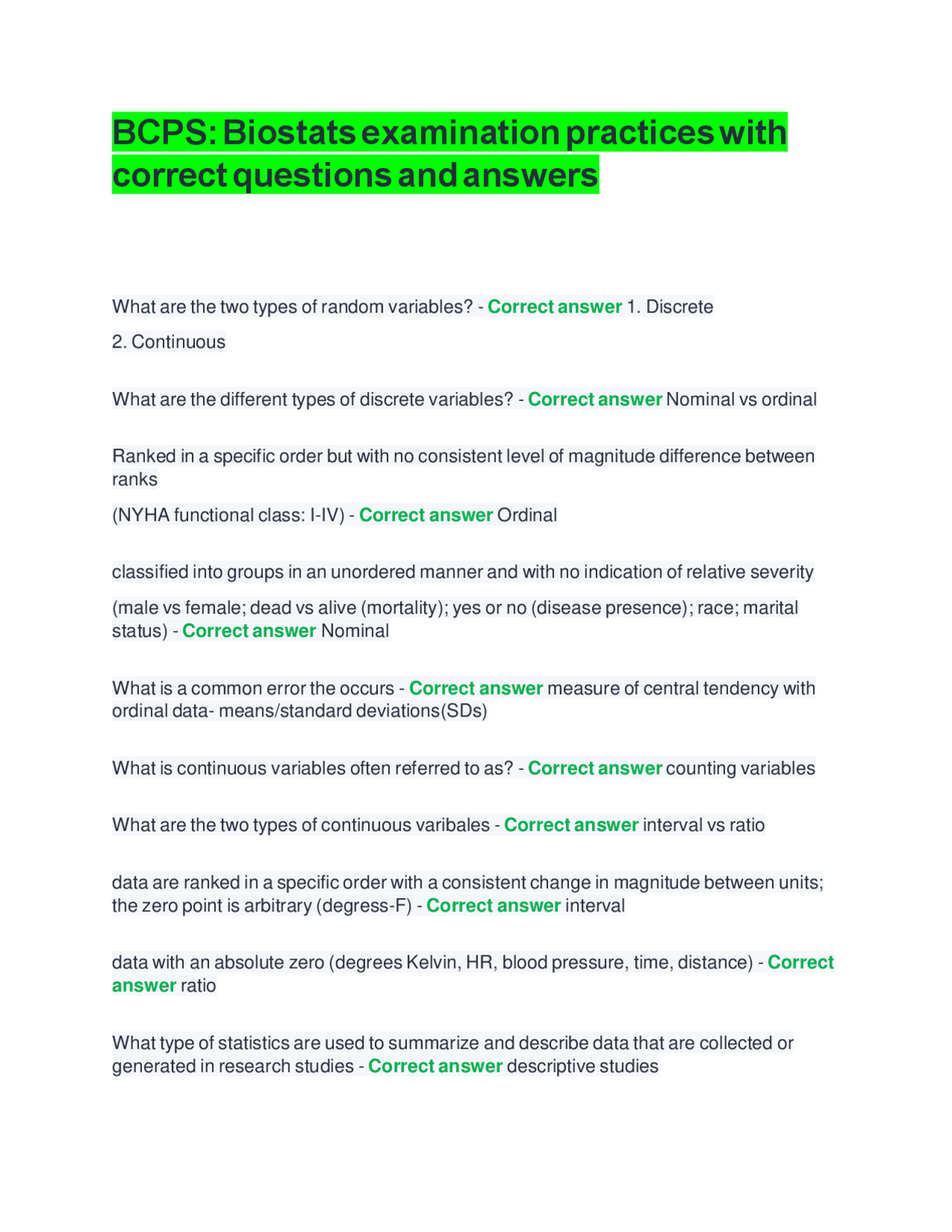 Biostatistics Exam Guide: Random Variables, Descriptive & Inferential Methods | Exams Nursing ...