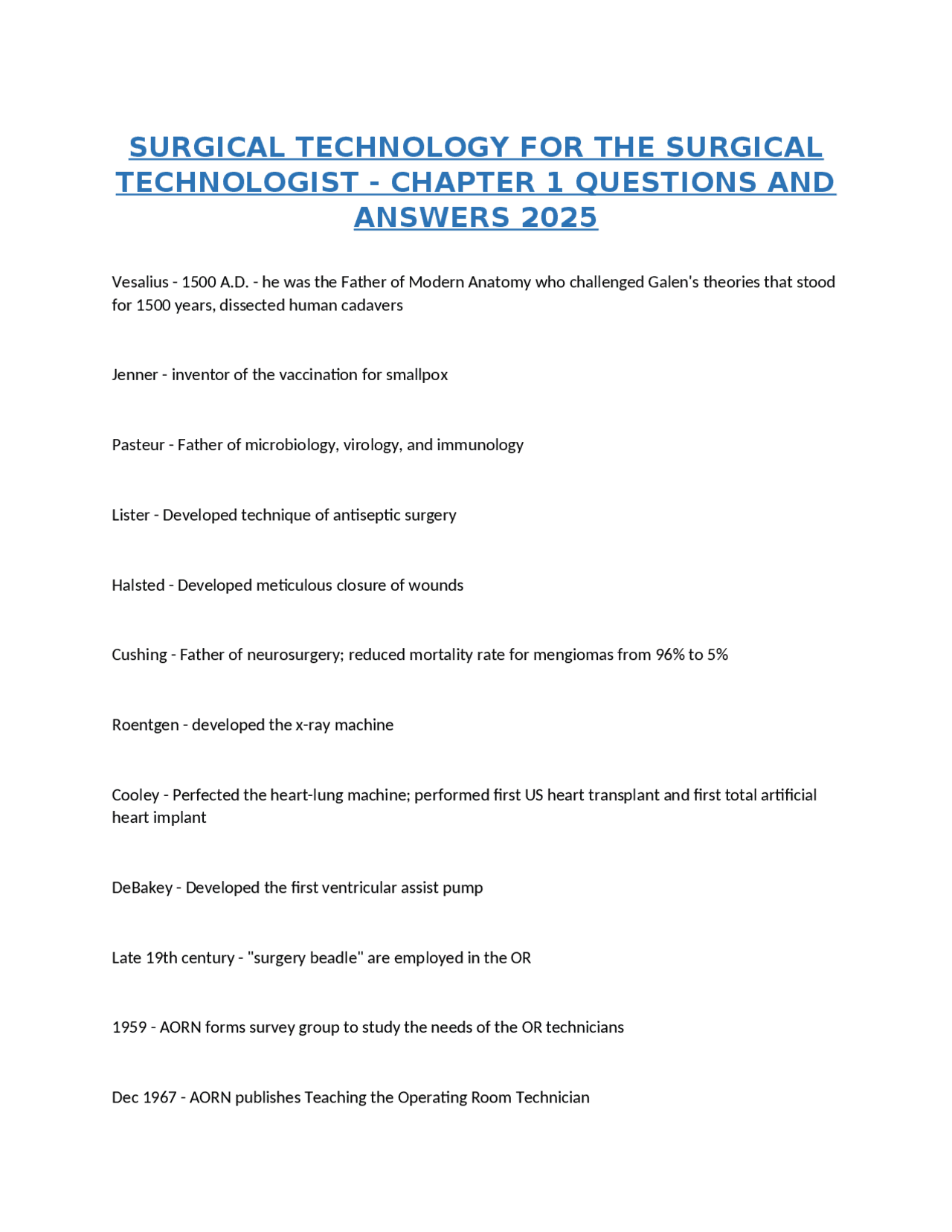 SURGICAL TECHNOLOGY FOR THE SURGICAL TECHNOLOGIST - CHAPTER 1 QUESTIONS ...