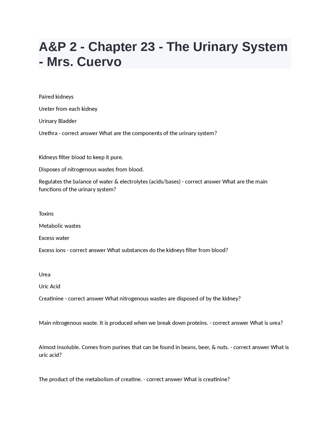 A&P 2 - Chapter 23 - The Urinary System - Mrs. Cuervo Question and ...