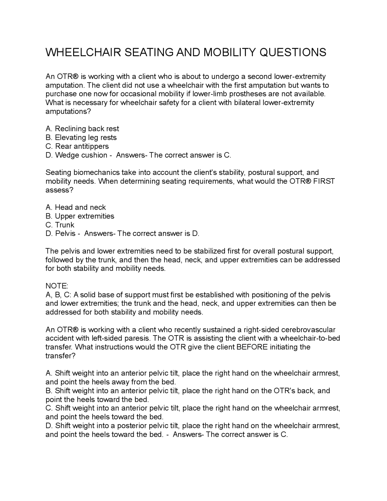 WHEELCHAIR SEATING AND MOBILITY QUESTIONS | Exams Social Sciences | Docsity