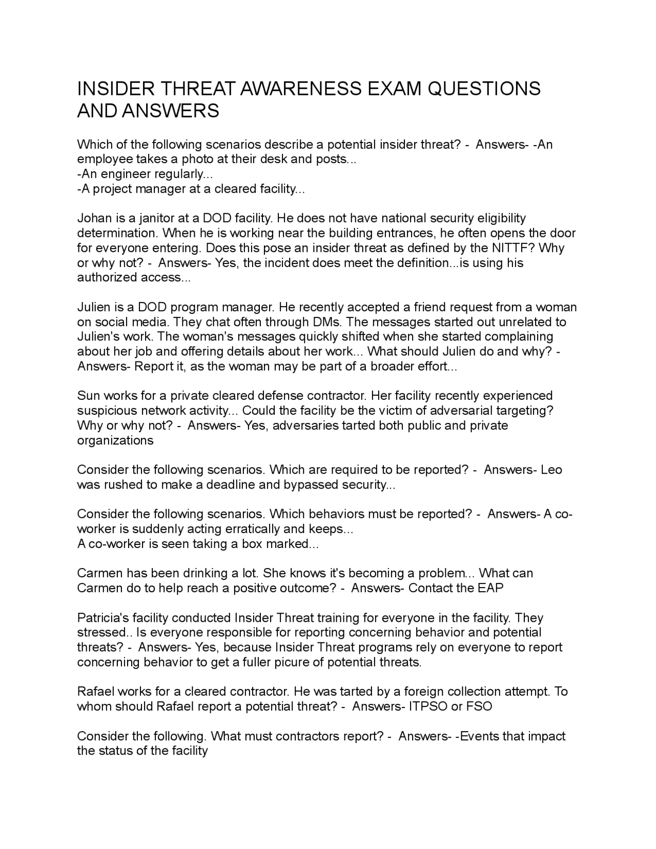 NSIDER THREAT AWARENESS EXAM QUESTIONS AND NSWERS | Exams Social ...