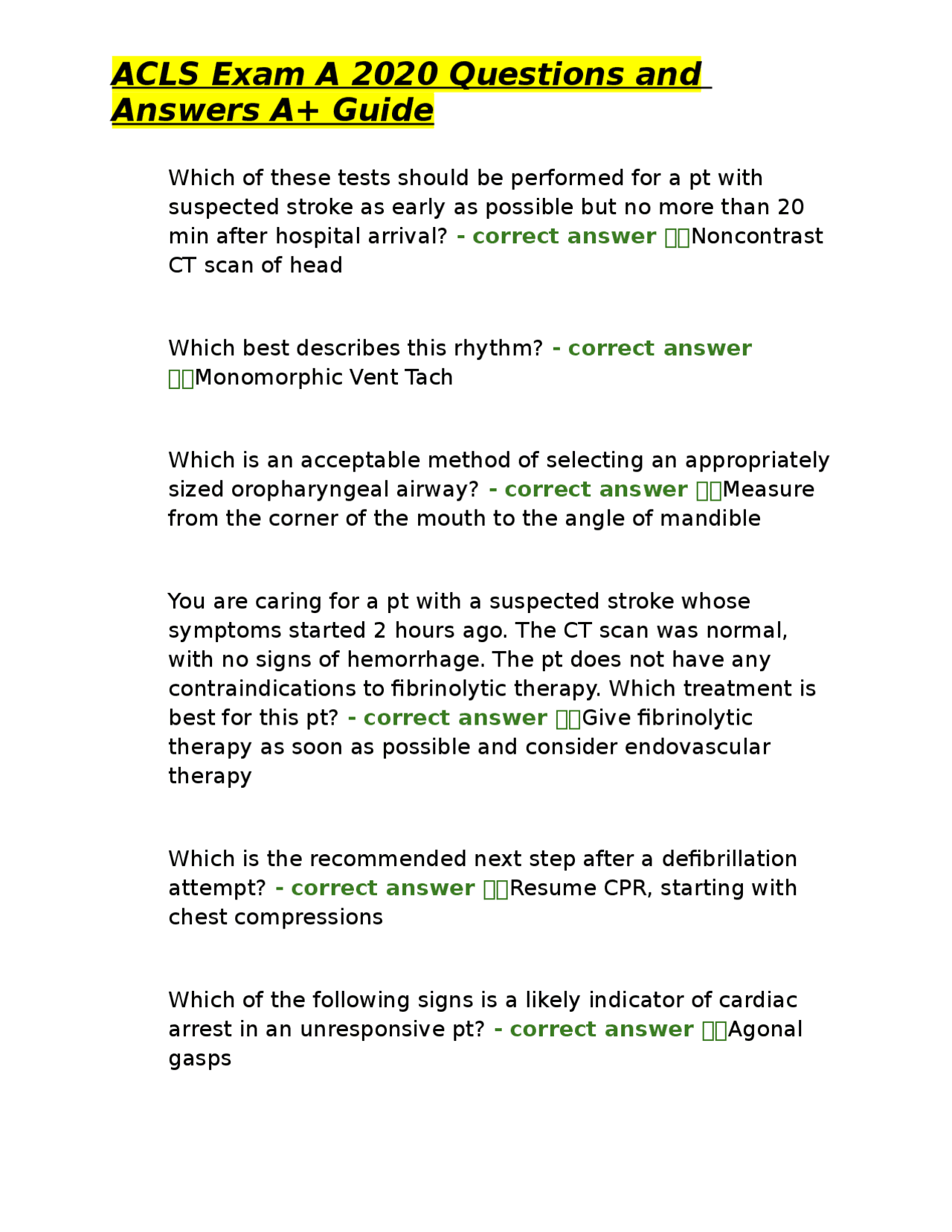 ACLS Exam A 2020 Questions and Answers A+ Guide | Exams Nursing | Docsity