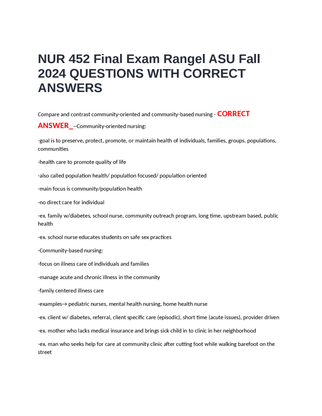 NUR 452 Final Exam Rangel ASU Fall 2024 QUESTIONS WITH CORRECT ANSWERS | Exams Nursing | Docsity