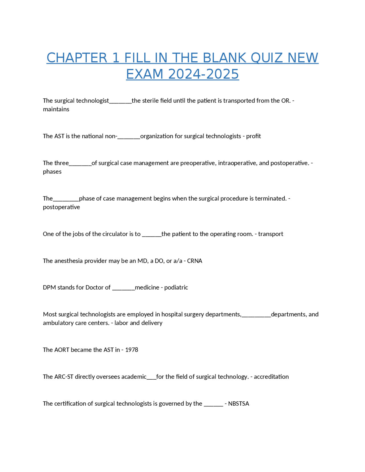 CHAPTER 1 FILL IN THE BLANK QUIZ NEW EXAM 2024-2025 | Exams Advanced ...