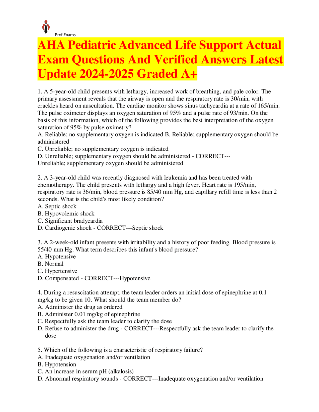 AHA Pediatric Advanced Life Support Actual Exam Questions And Verified ...