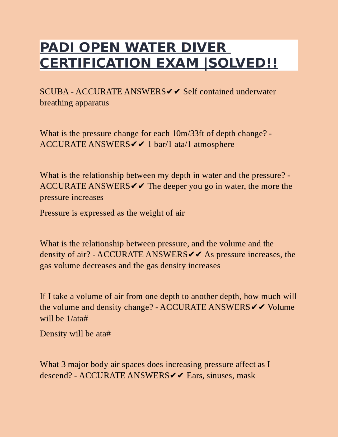 PADI OPEN WATER DIVER CERTIFICATION EXAM |SOLVED!! | Exams Nursing ...