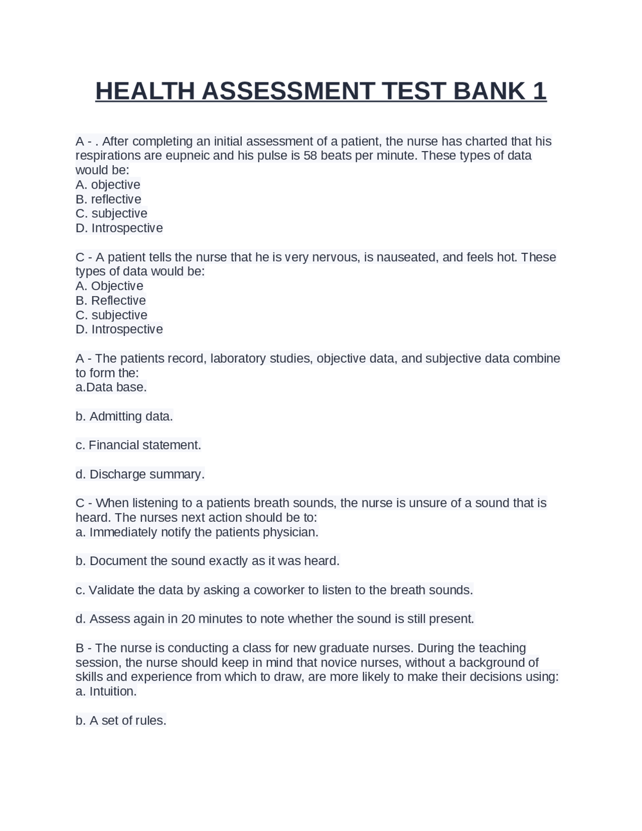 HEALTH ASSESSMENT TEST BANK 1 | Exams Advanced Education | Docsity
