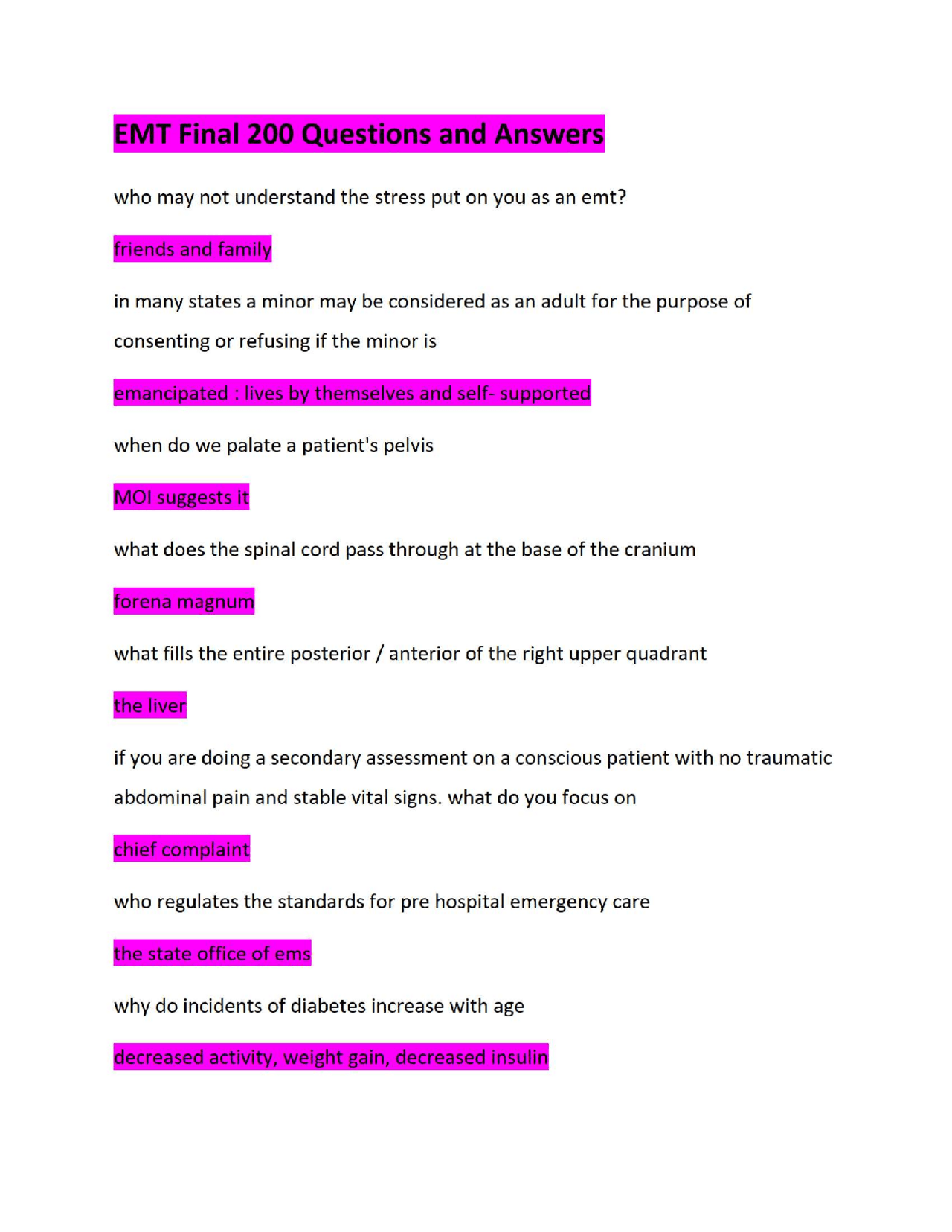 EMT FISDAP Final EXAM 200 Questions and Answers | Exams Nursing | Docsity