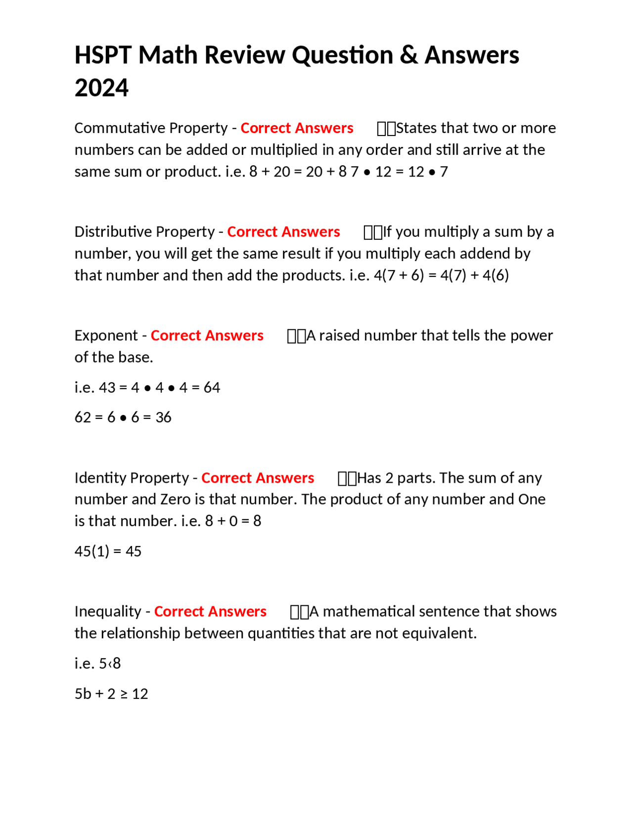 HSPT Math Review Question & Answers 2024 | Exams Nursing | Docsity