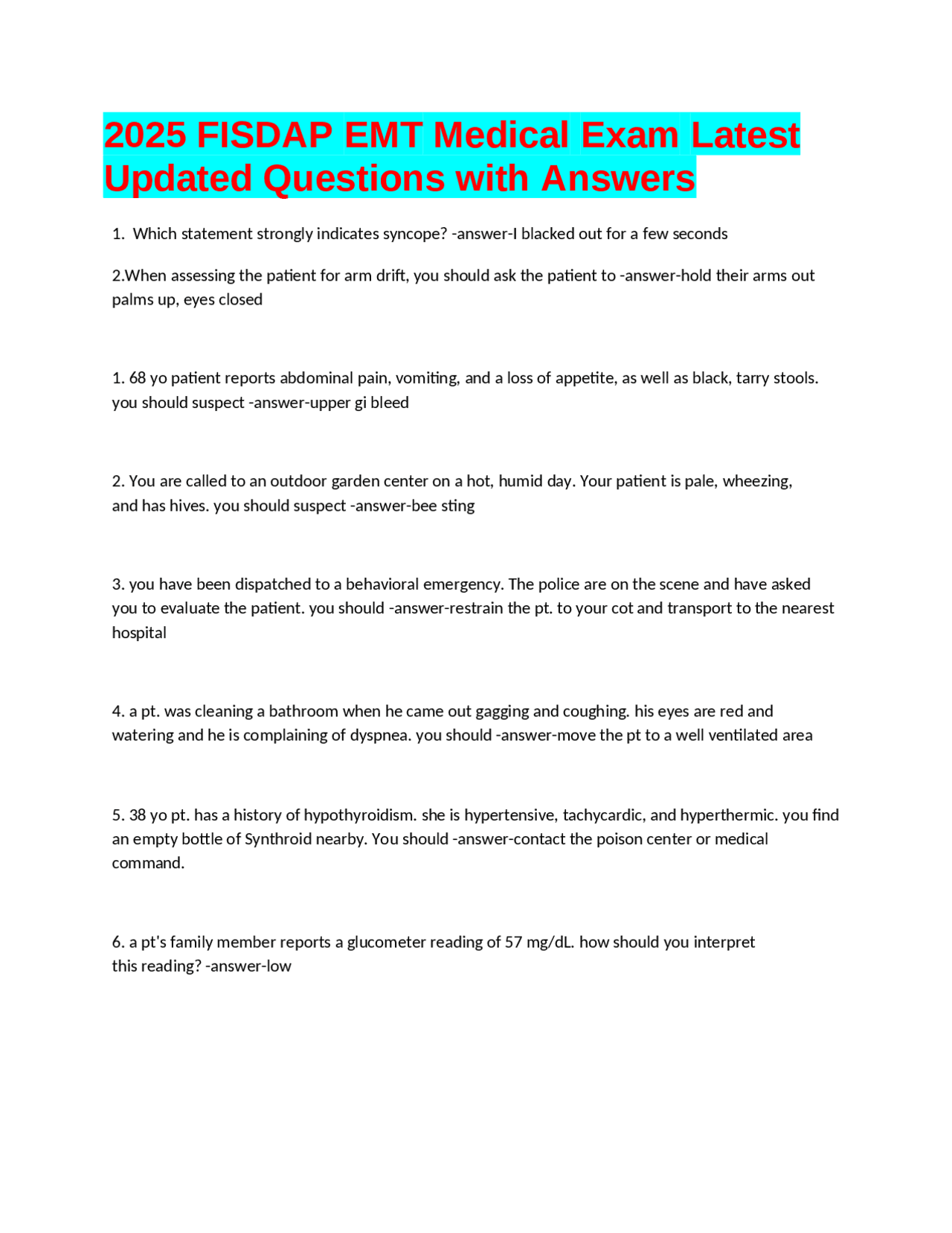 2025 FISDAP EMT Medical Exam Latest Updated Questions with Answers ...