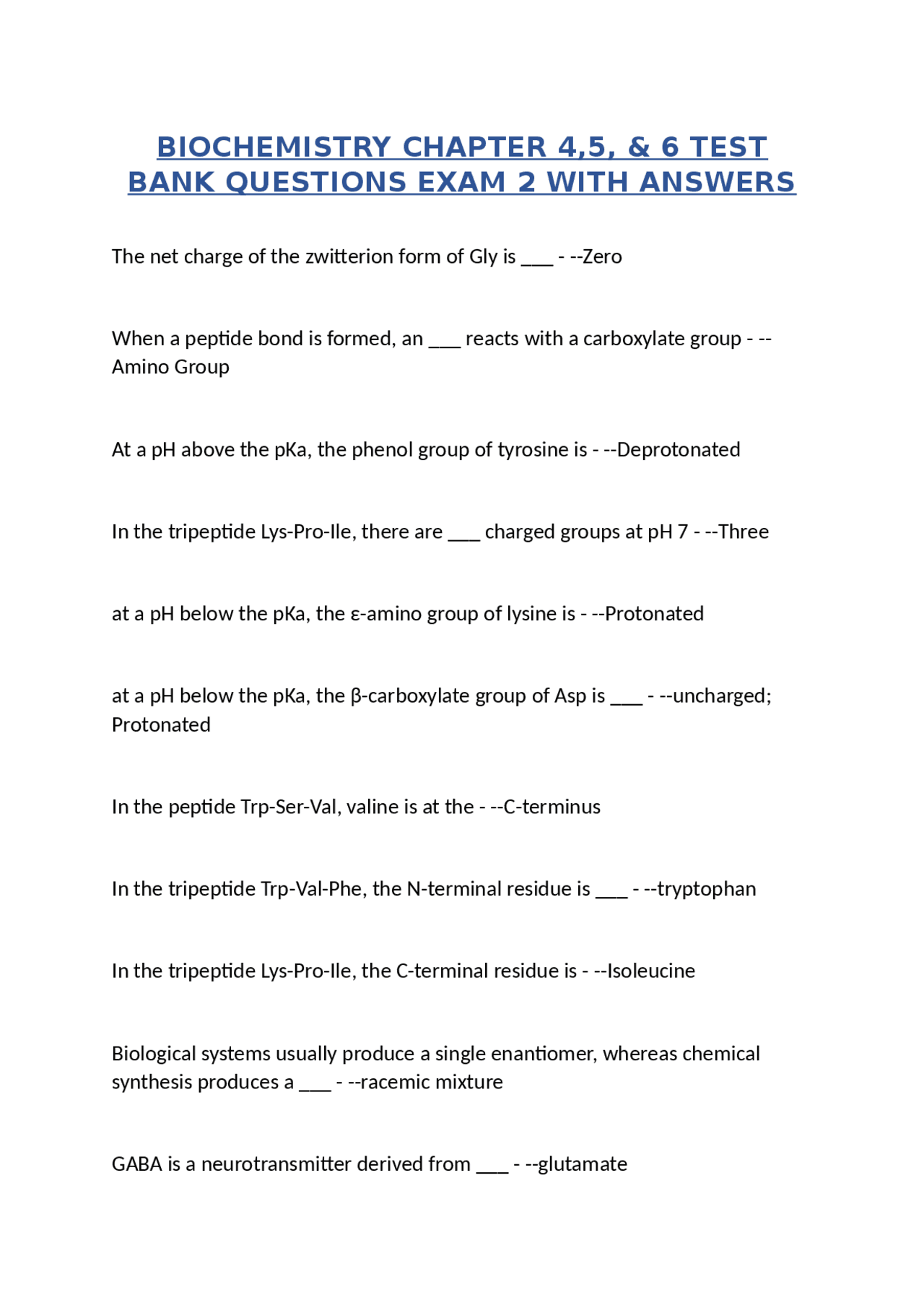 BIOCHEMISTRY CHAPTER 4,5, & 6 TEST BANK QUESTIONS EXAM 2 WITH ANSWERS ...