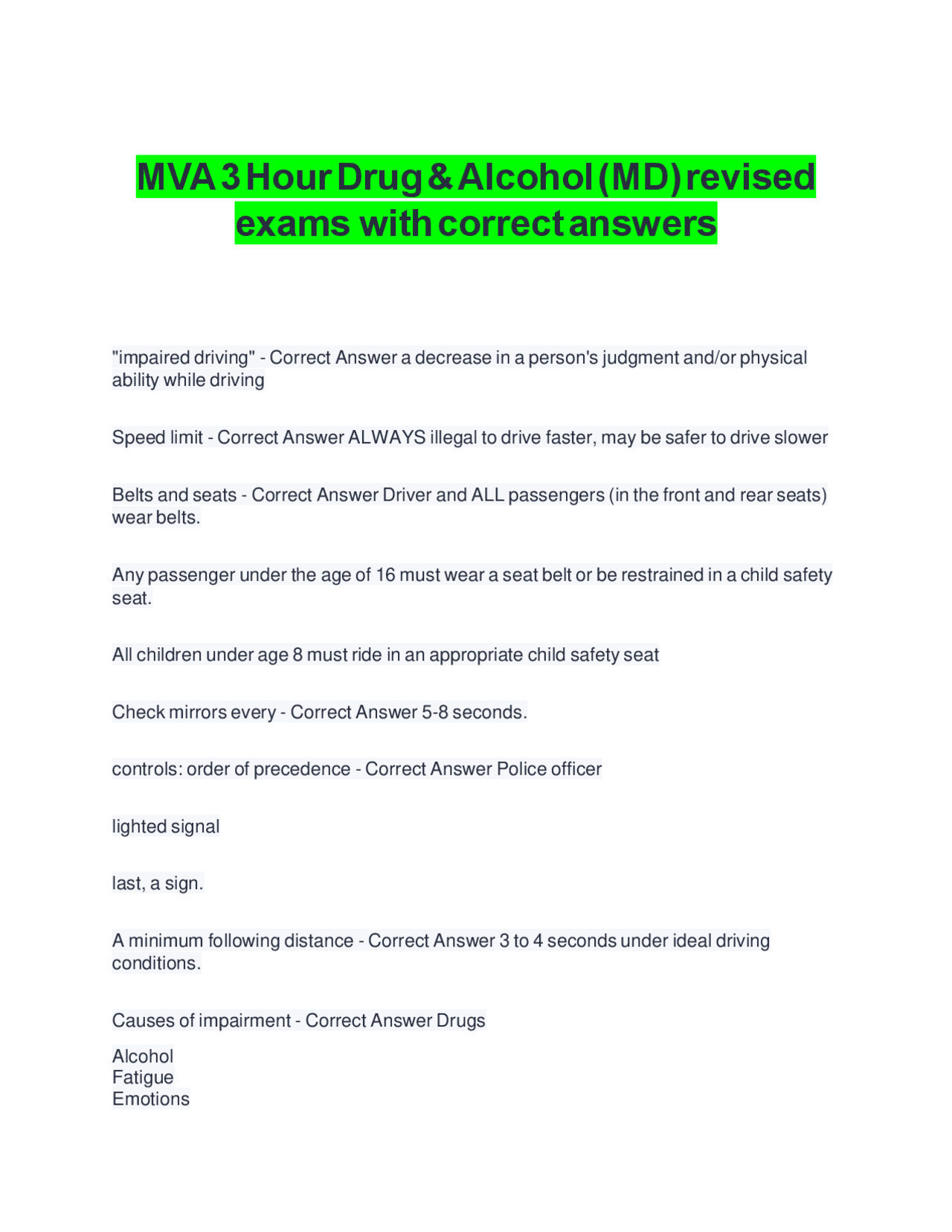 MVA 3 Hour Drug & Alcohol (MD) revised exams with correct answers ...