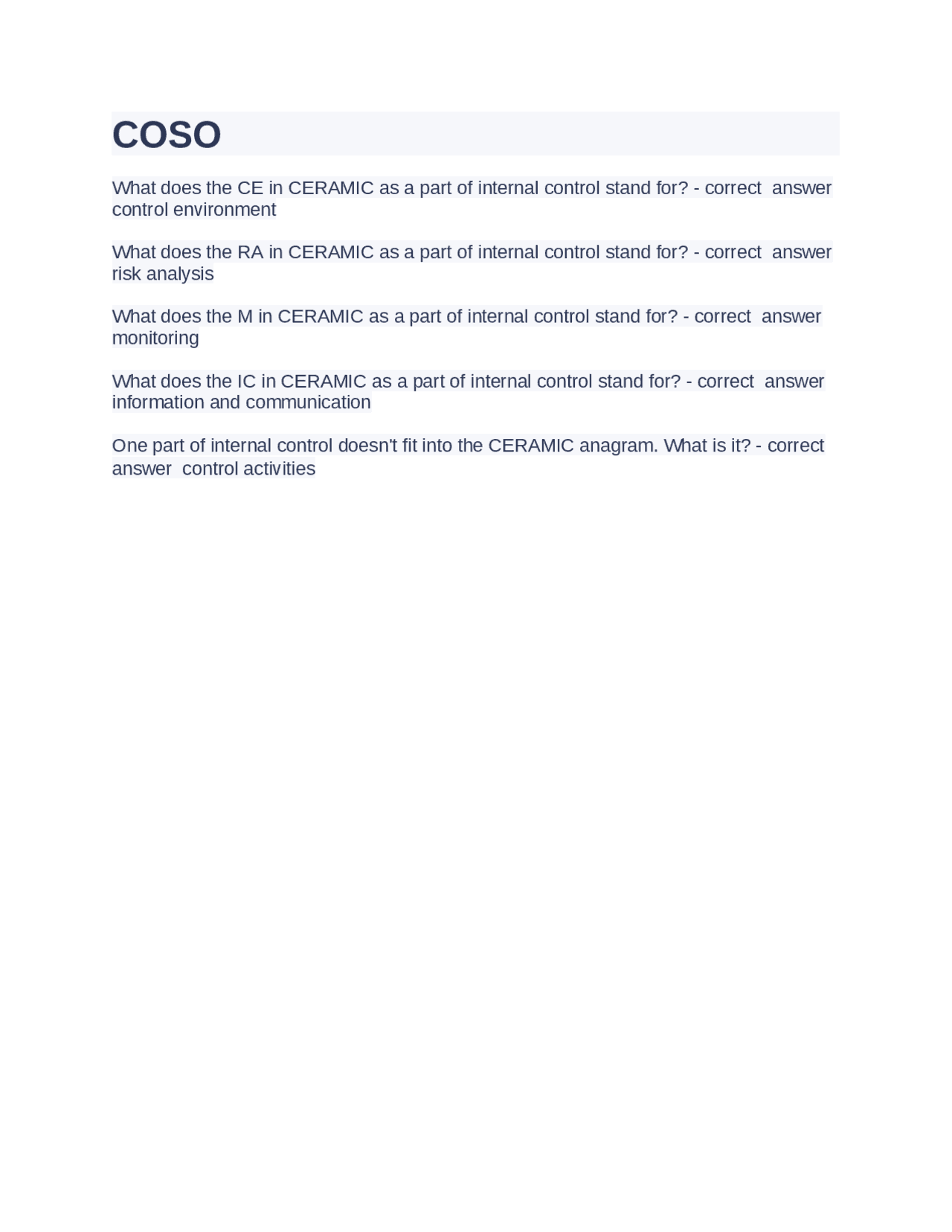 COSO Questions with complete solution | Exams Nursing | Docsity