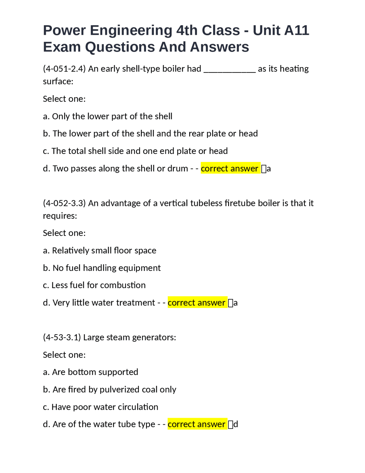 Power Engineering 4th Class - Unit A11 Exam Questions And Answers | Exams Power Plant ...