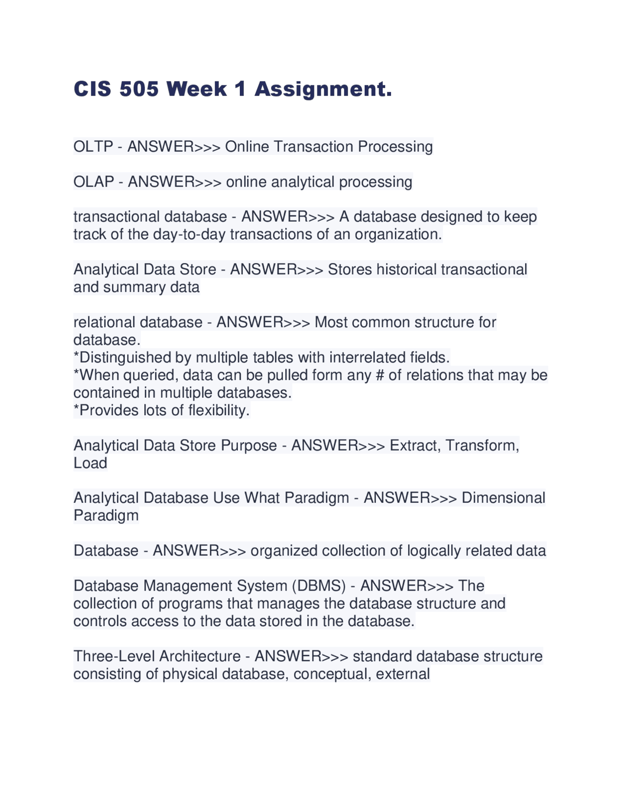 CIS 505 Week 1 Exam Questions & Answers. | Exams Nursing | Docsity