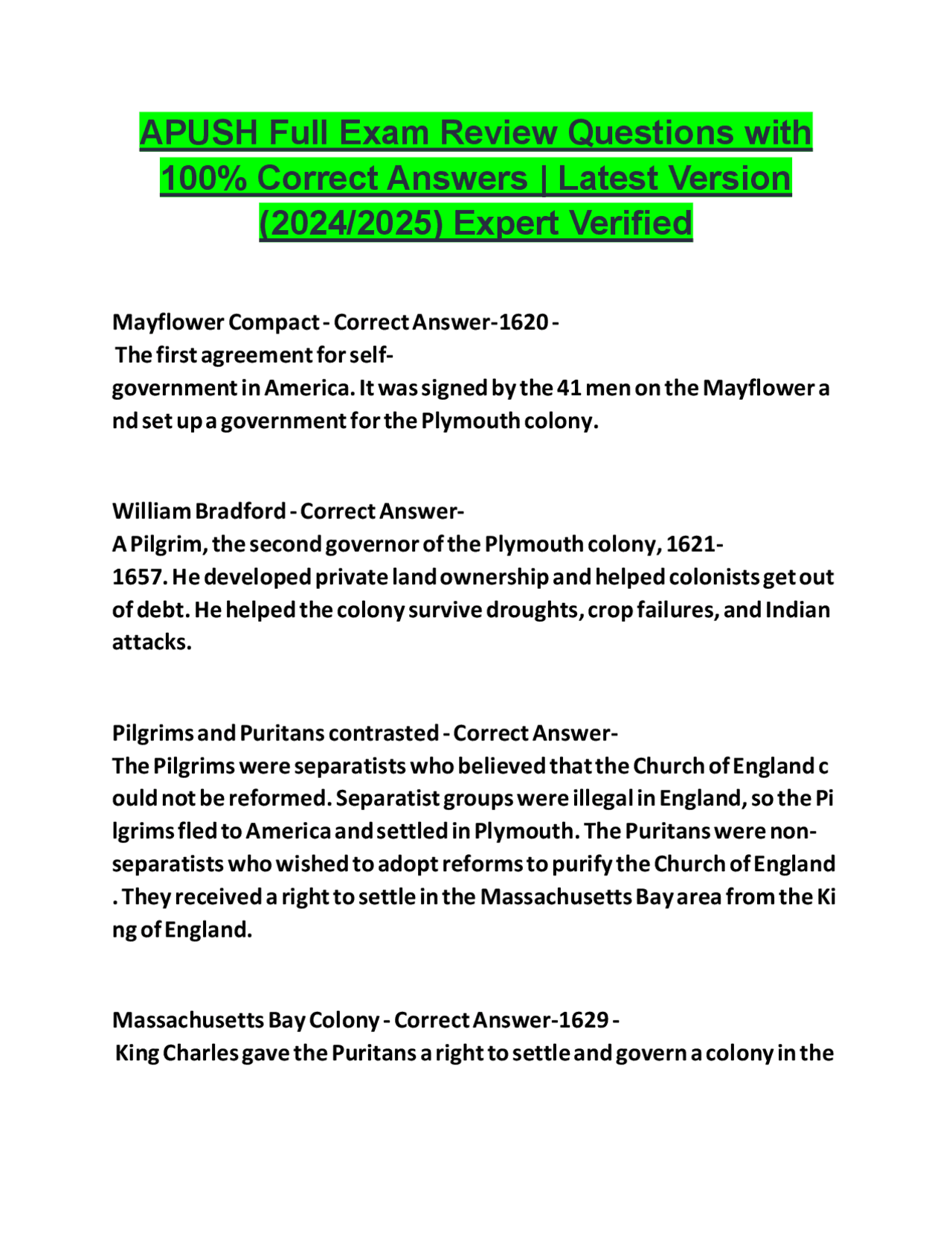 APUSH Full Exam Review Questions with 100% Correct Answers | Latest ...