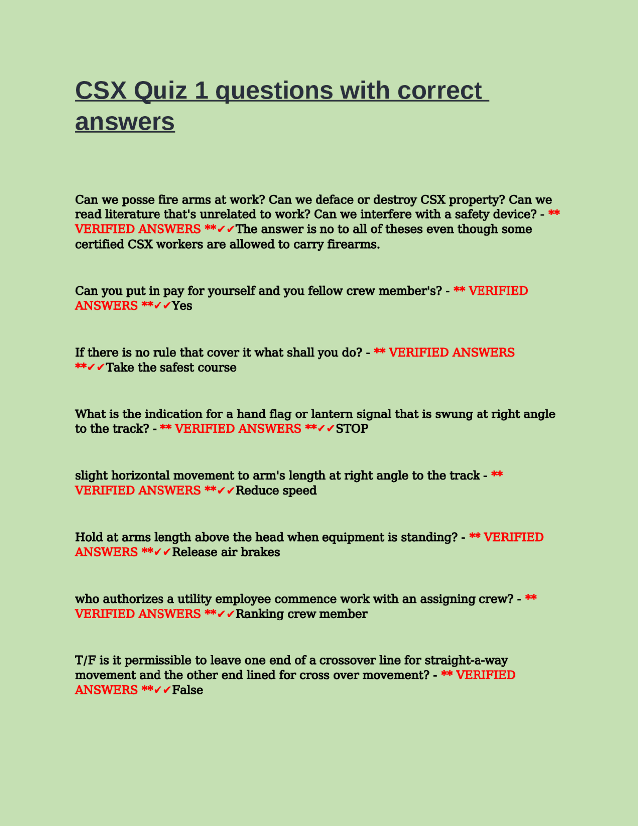 Csx Quiz 1 Questions With Correct Answers Exams Training And Development Docsity