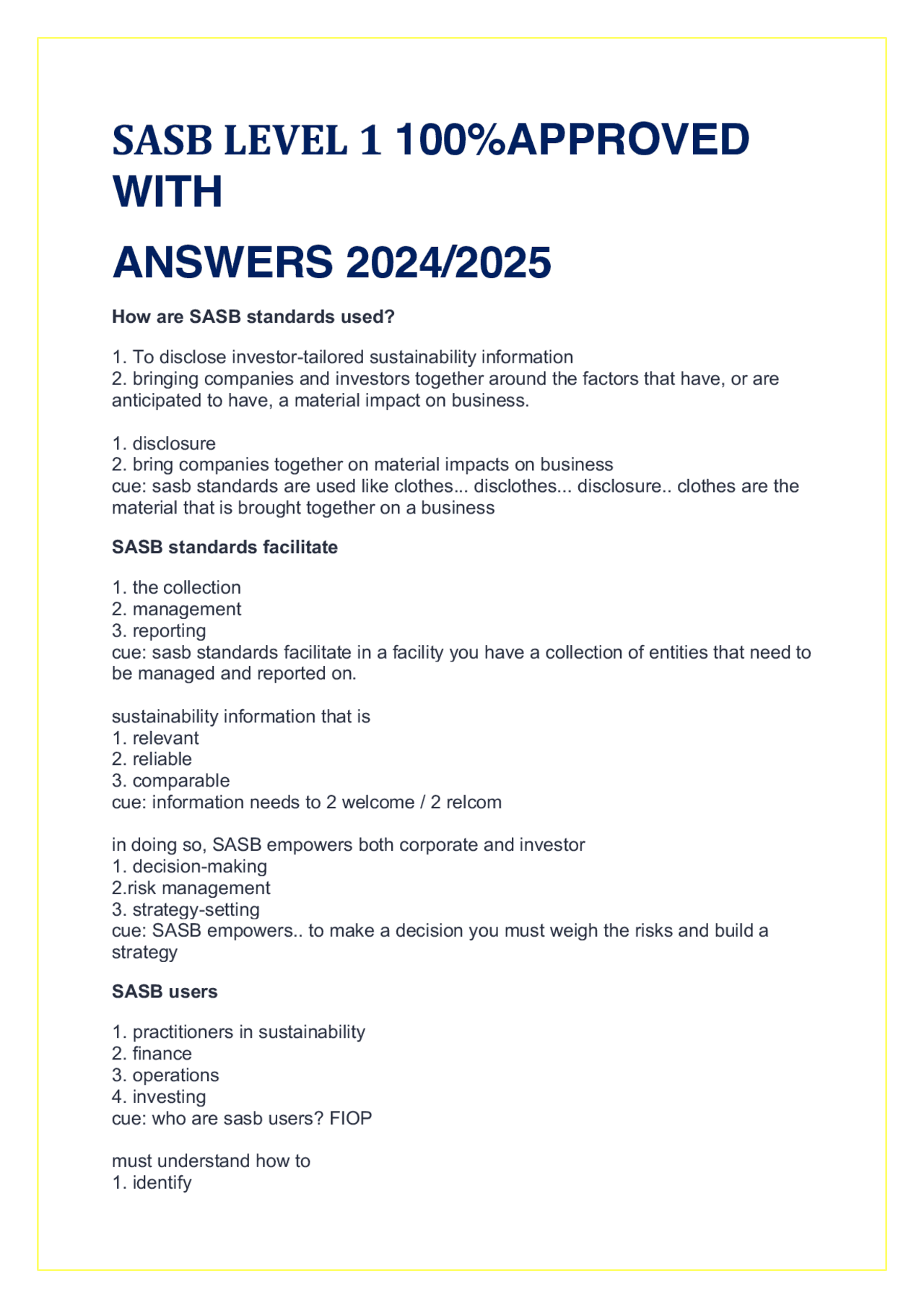 SASB LEVEL 1 100%APPROVED WITH ANSWERS 2024/2025 | Exams Business ...