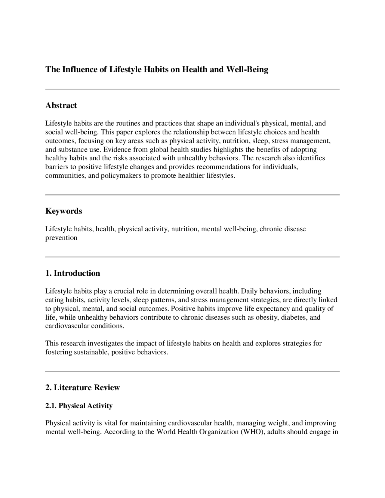 The Influence of Lifestyle Habits on Health and Well-Being (SAMPLE ...