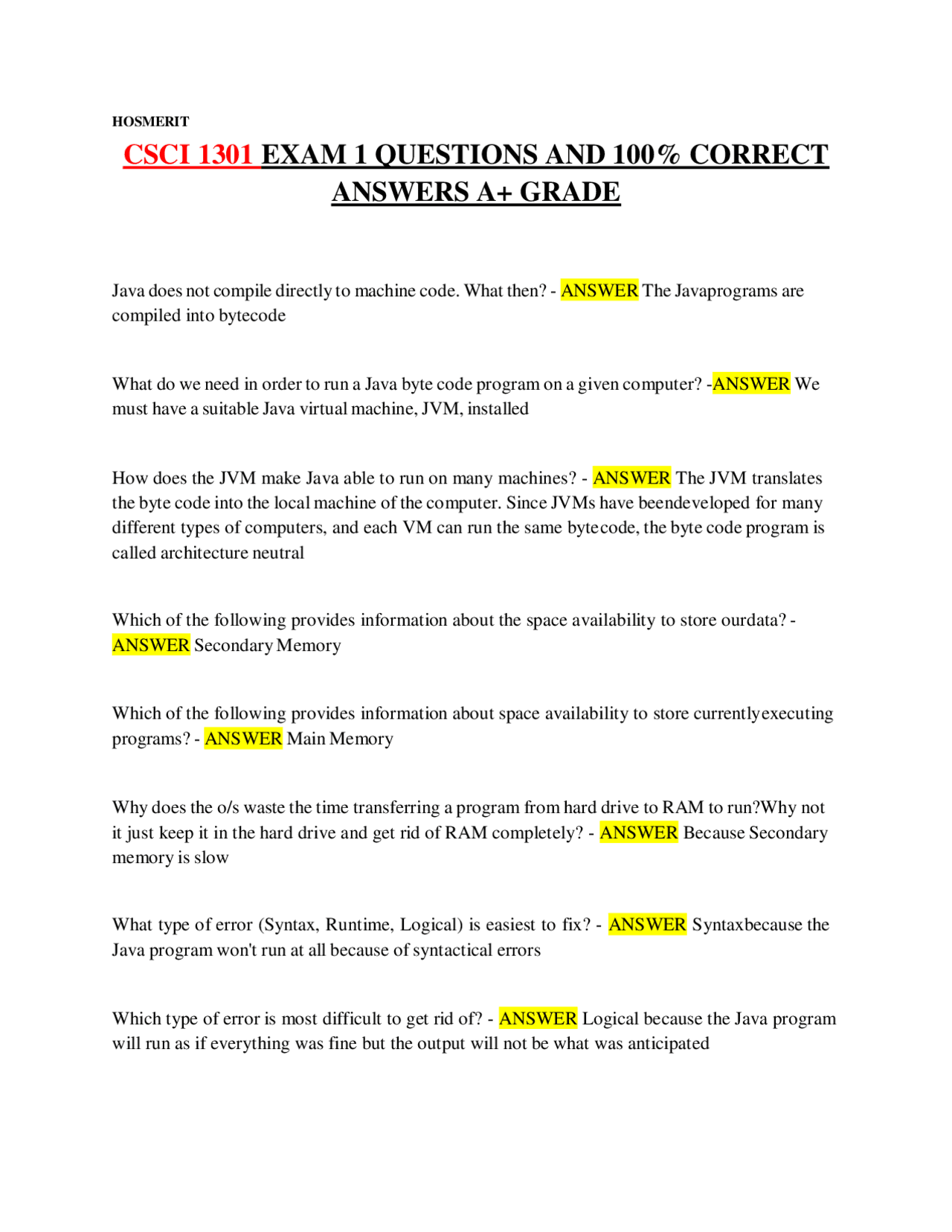 CSCI 1301 EXAM 1 QUESTIONS AND 100% CORRECT ANSWERS A+ GRADE | Exams Computer Programming | Docsity