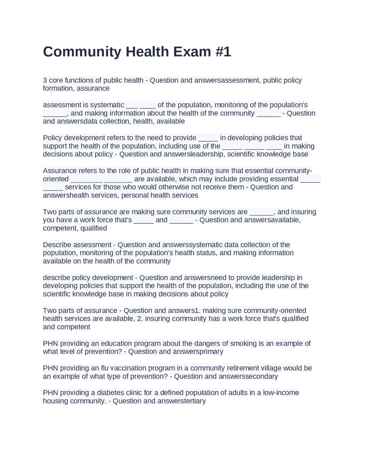 Community Health Nursing Exam 1 Questions and Answers | Exams Nursing ...